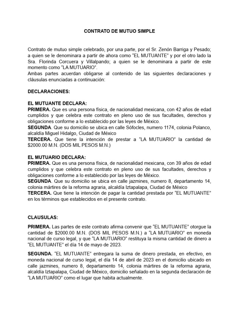 Contrato de Mutuo Simple | PDF