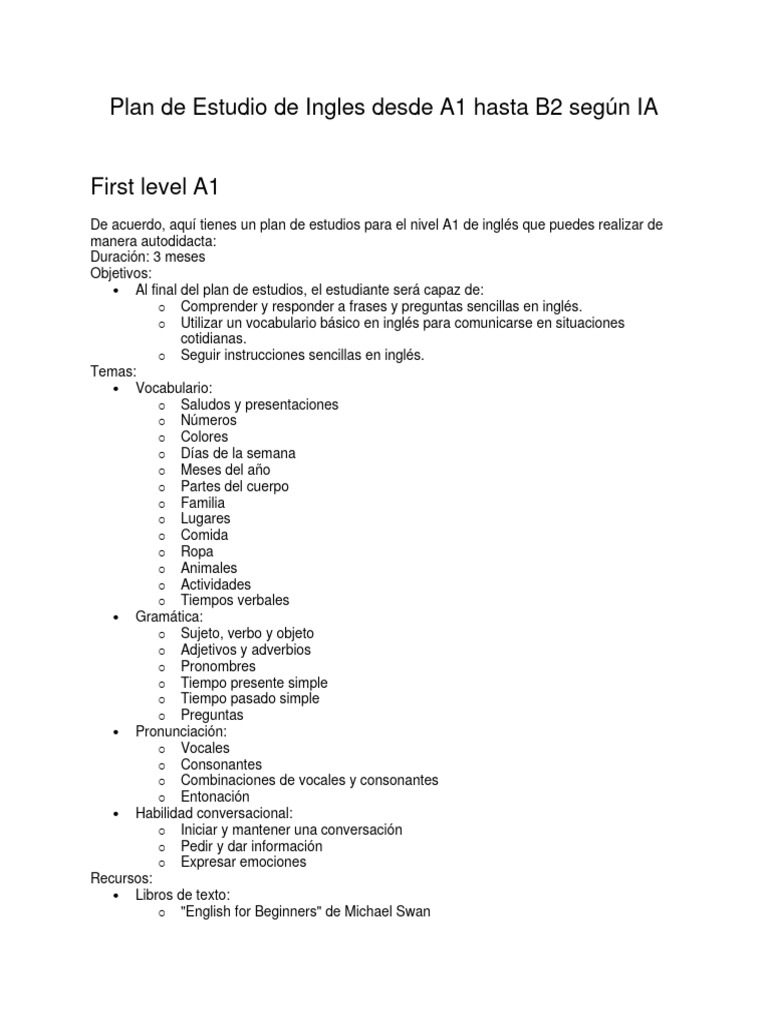 Plan de Estudio de Ingles desde A1 hasta B2 según IA | PDF | Idioma en Inglés | Plan de estudios