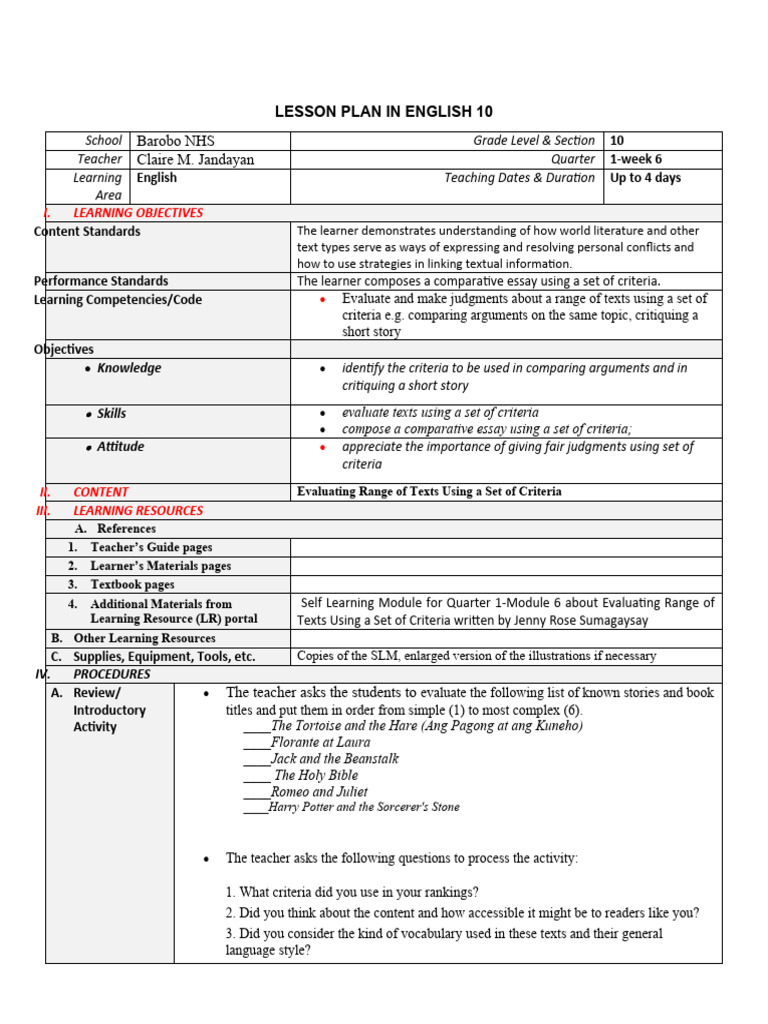 LESSON-PLAN-IN-ENGLISH-10-week-6 | PDF | Learning | Lesson Plan