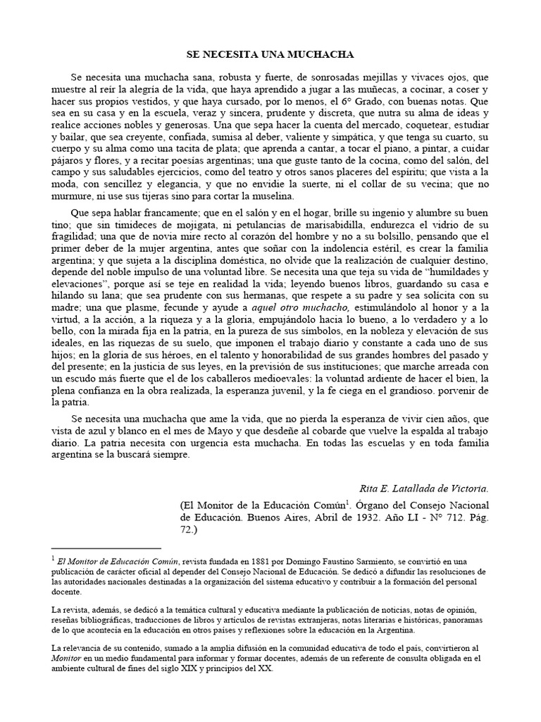 Se Necesita Una Muchacha. Monitor de La Educacion Comun | PDF