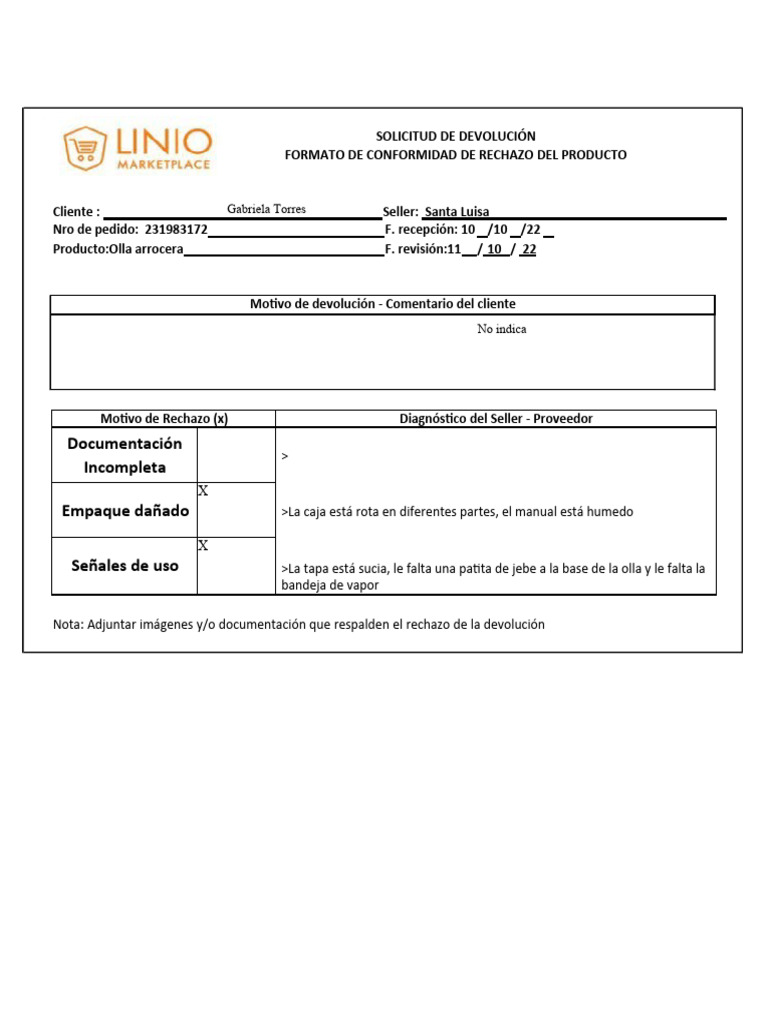 Formato de Rechazo de Producto Linio | PDF