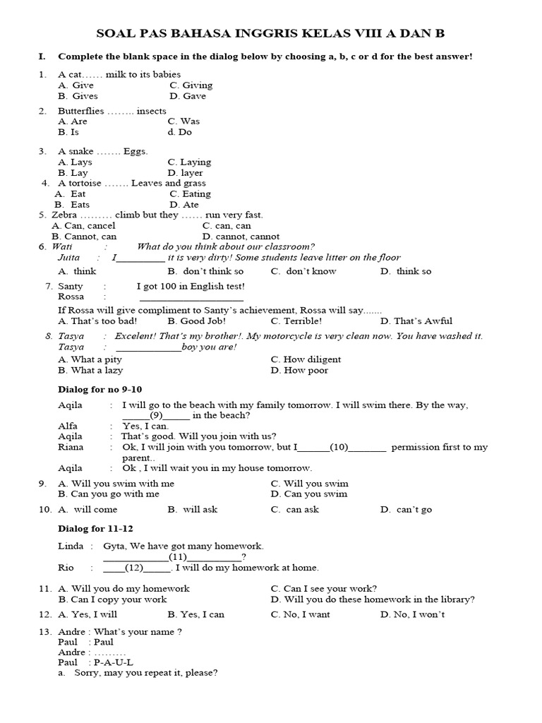 Soal PAS B.Ing Kelas 8 | PDF