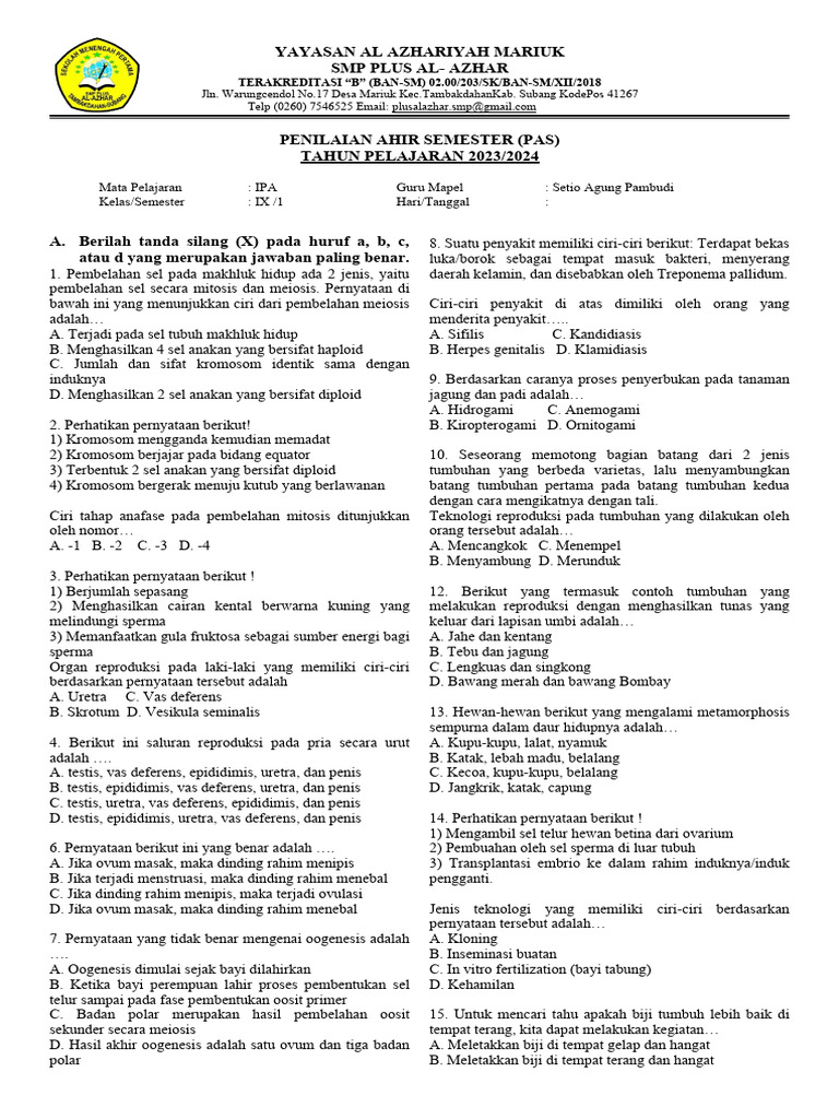 Soal PAS SMP Kelas 9 2023 | PDF