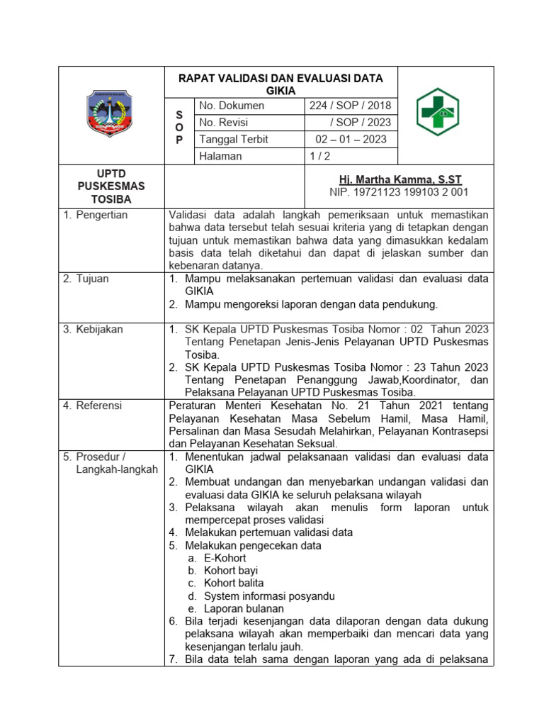 Validasi Data GIKIA Puskesmas Tosiba | PDF