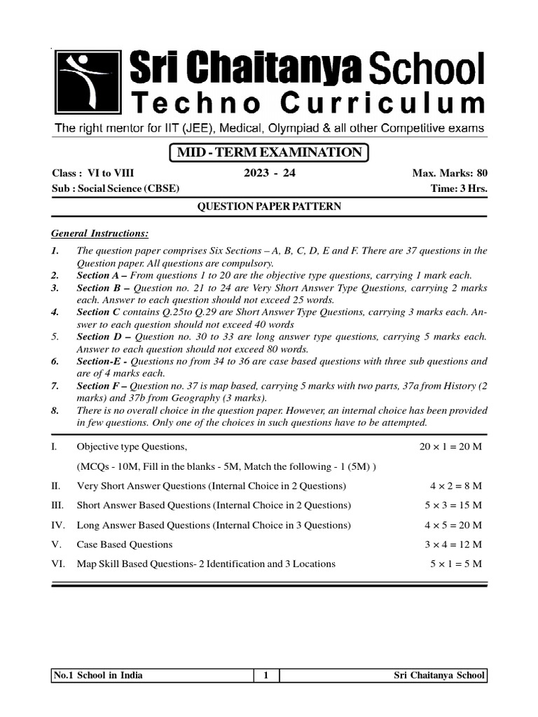 Social Science (CBSE) Class VI To VIII Mid Term QP Pattern (2023-24) 80 Marks | PDF