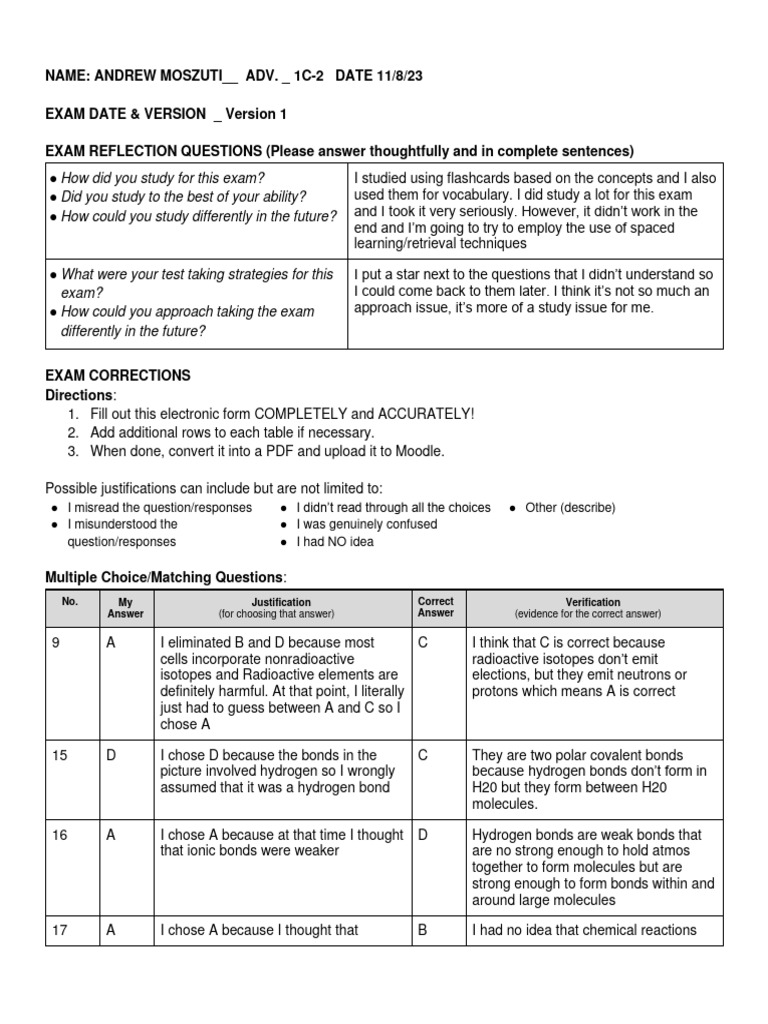 Exam Reflection and Corrections | PDF | Chemical Bond | Hydrogen
