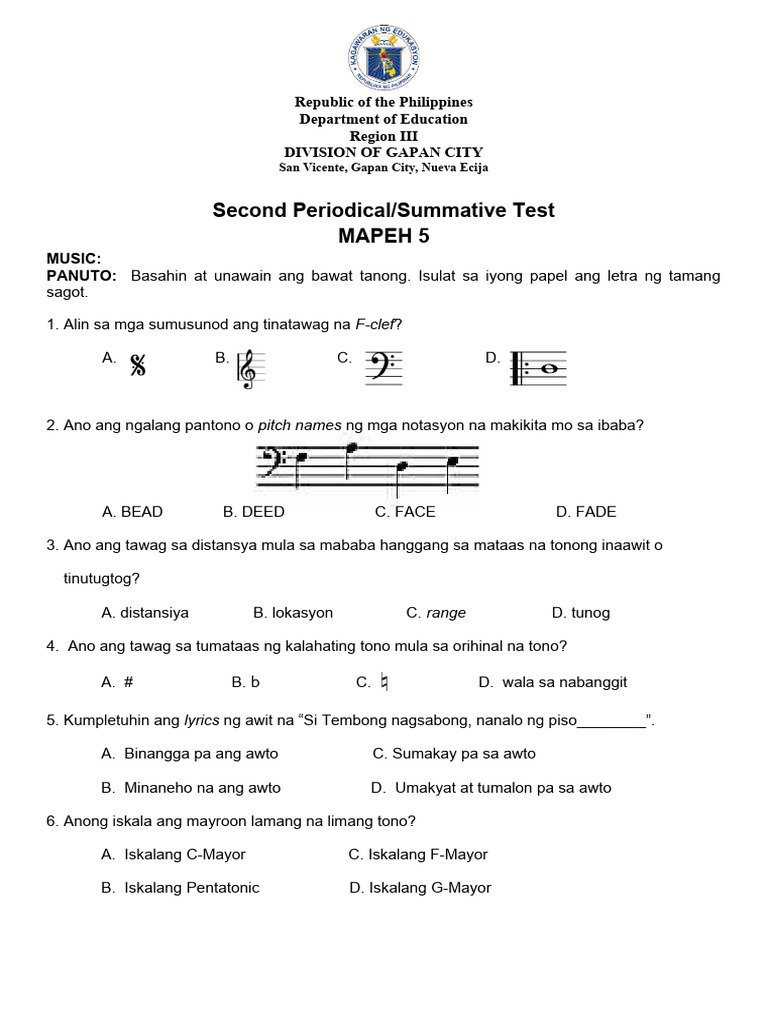 50 Items Second Quarter-Summative Test in MAPEH -Grade 5 by Gapan South ...