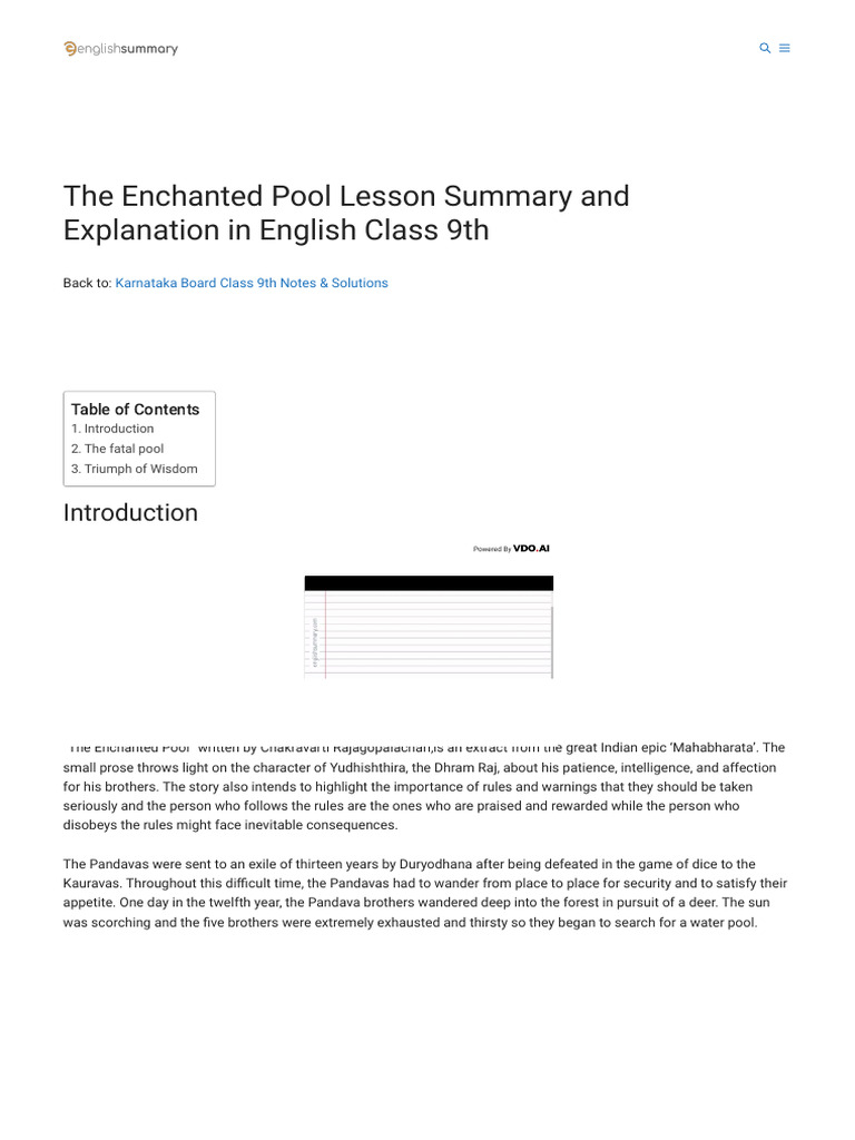 The Enchanted Pool Lesson Summary and Explanation in English Class 9th ...
