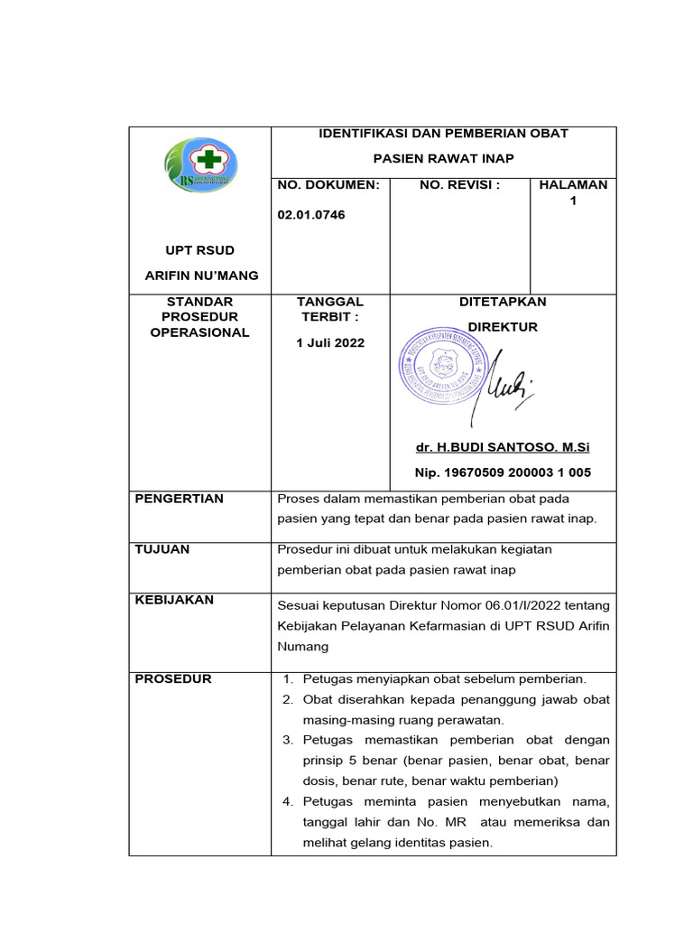 Prosedur Pemberian Obat Pasien Inap | PDF