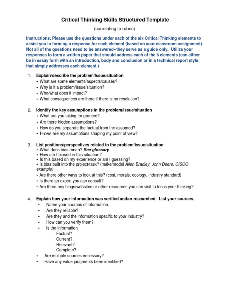 Critical Thinking Structured Template | PDF Critical Thinking Structured Template | PDF