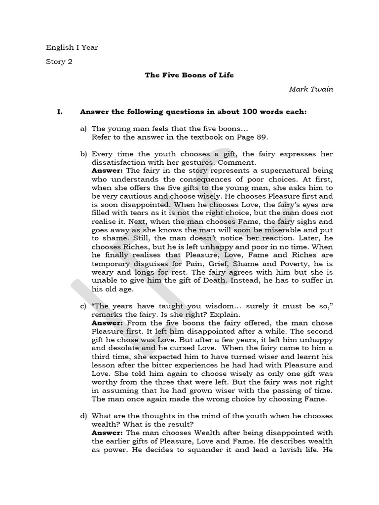 English I Year 2nd Story The Five Boons of Life | PDF | General Fiction
