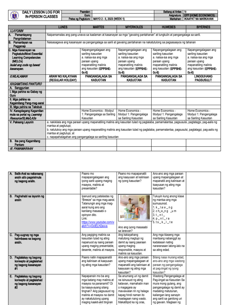 G5 Q4W1 DLL EPP HE MELCs | PDF