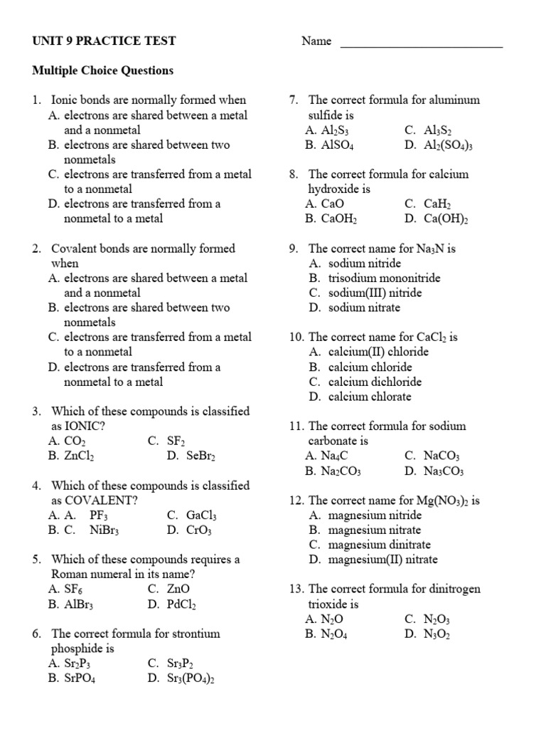 Unit 9 Practice Test | PDF | Chemical Polarity | Chemical Bond