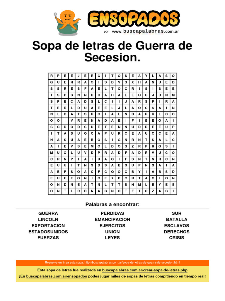 Sopa de Letras de Guerra de Secesion | PDF | Movimientos sociales ...