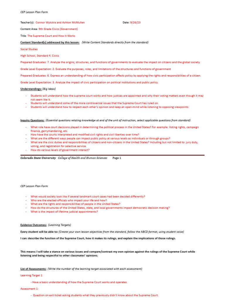 Lesson Plan - Education 450 | PDF | Supreme Court Of The United States ...