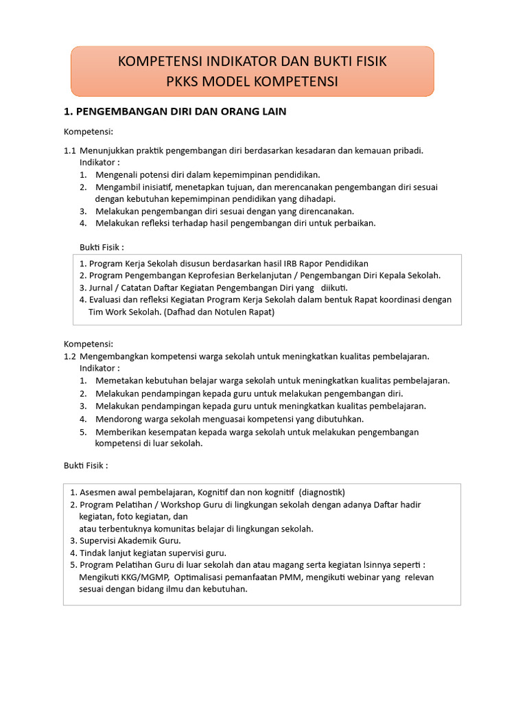 Kompetensi Indikator Dan Bukti Fisik PKKS Model Kompetensi. | PDF