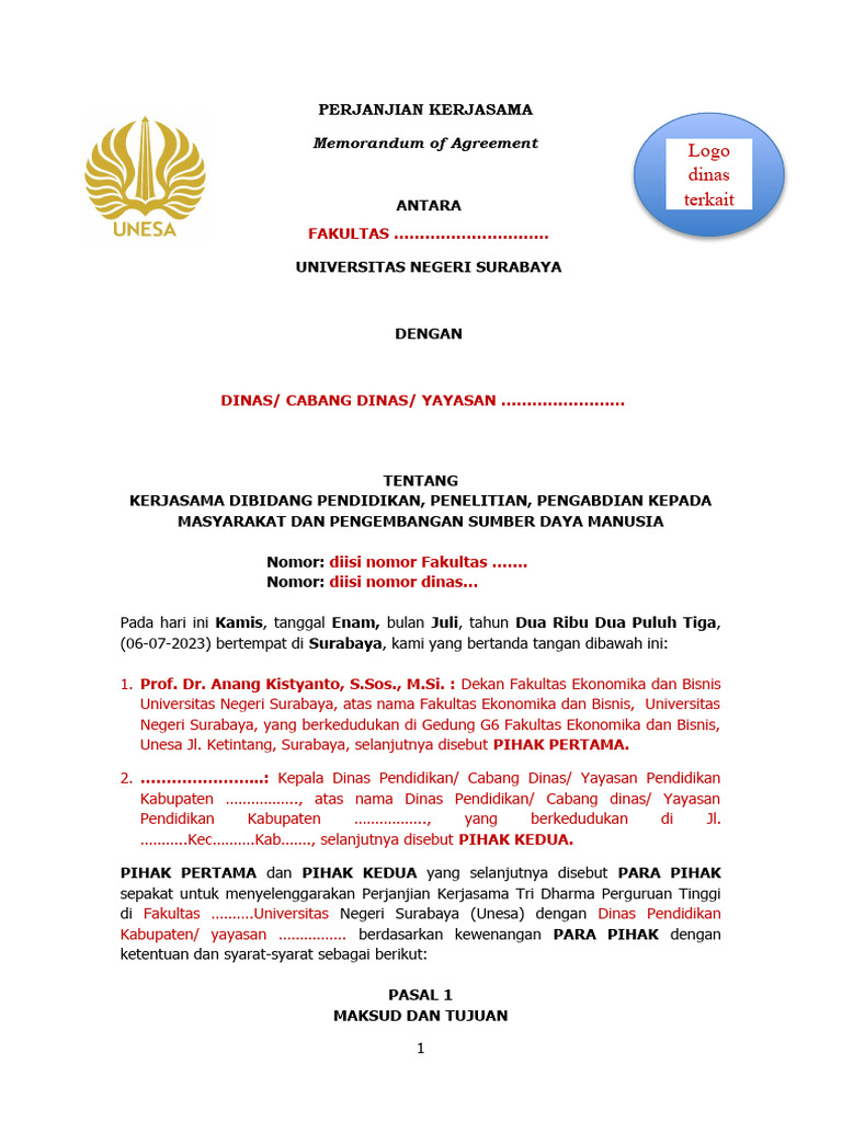 Draft Moa Fakultas Dengan Dinas-Cabang Dinas-Yayasan-1 | PDF