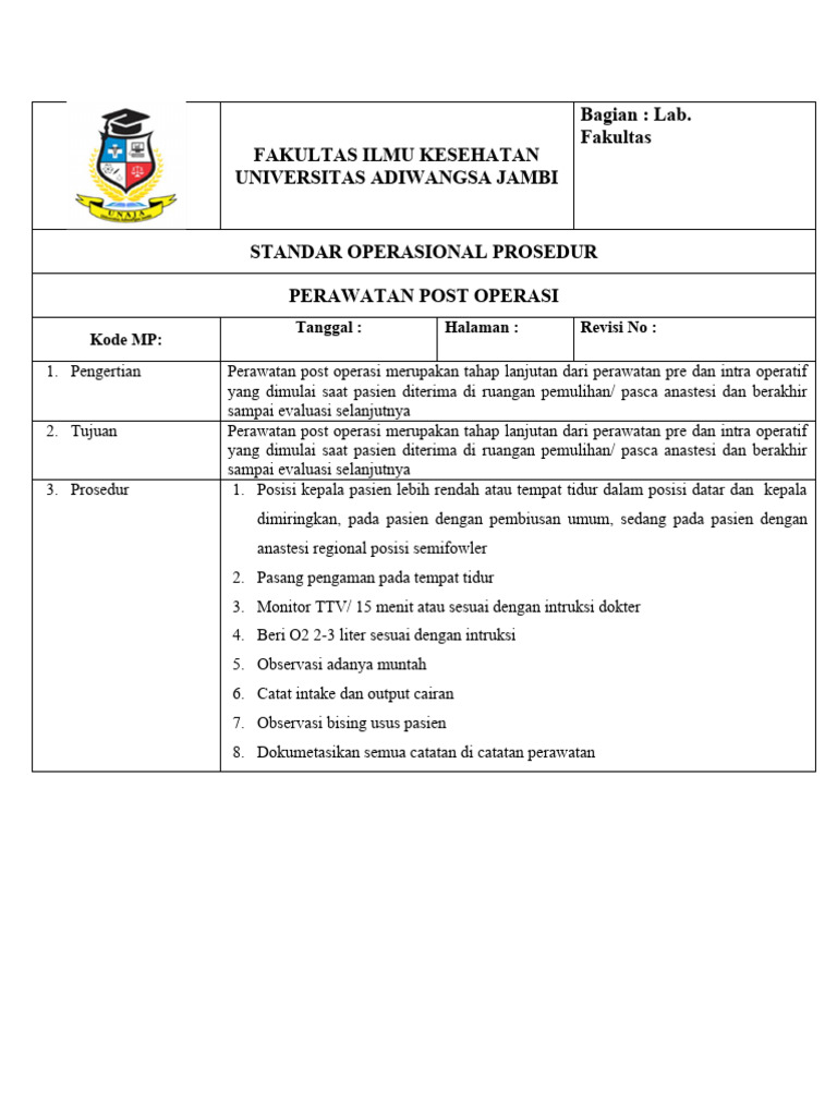 SOP Perawatan Pasca Operasi | PDF
