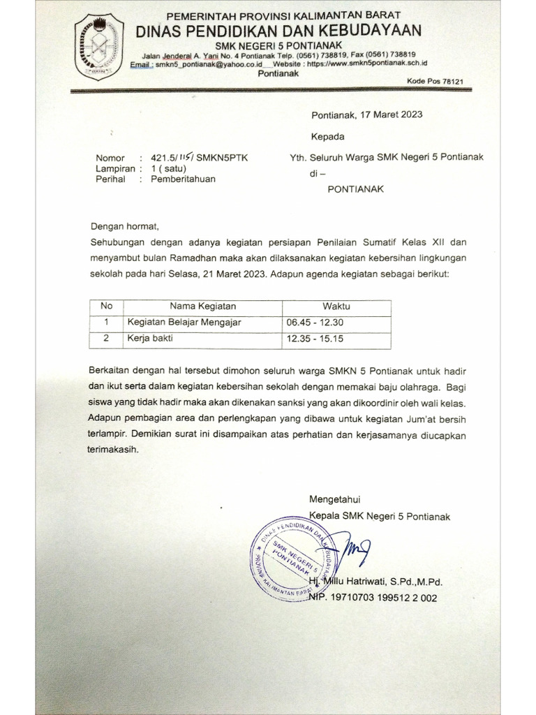 Surat Pemberitahuan Kegiatan Kebersihan Sekolah | PDF