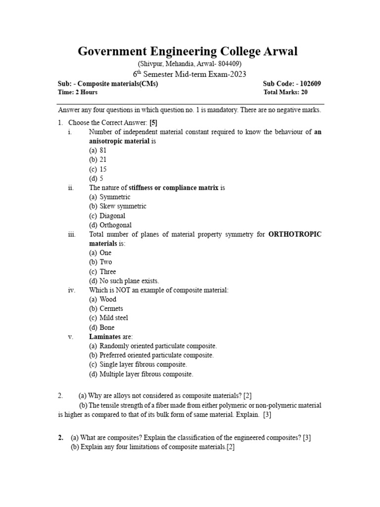 CMs Mid Term Question Paper | PDF | Composite Material | Physical Sciences