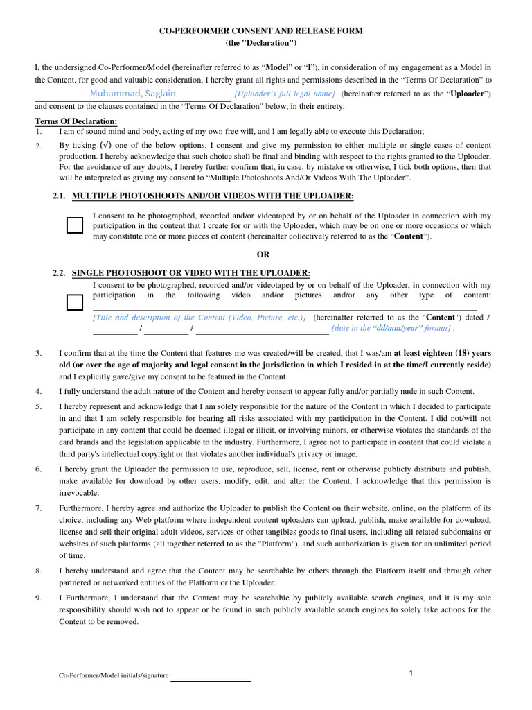 Co-Performer's Consent Form | PDF | Consent | Privacy