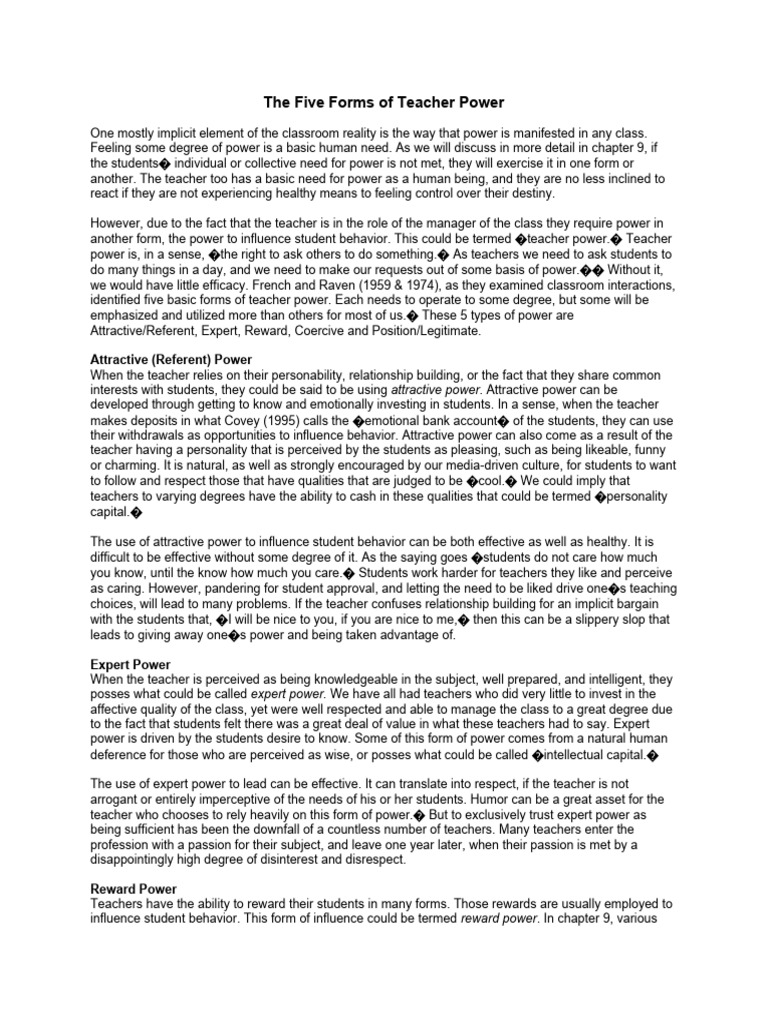 The Five Forms of Teacher Power | PDF | Power (Social And Political ...