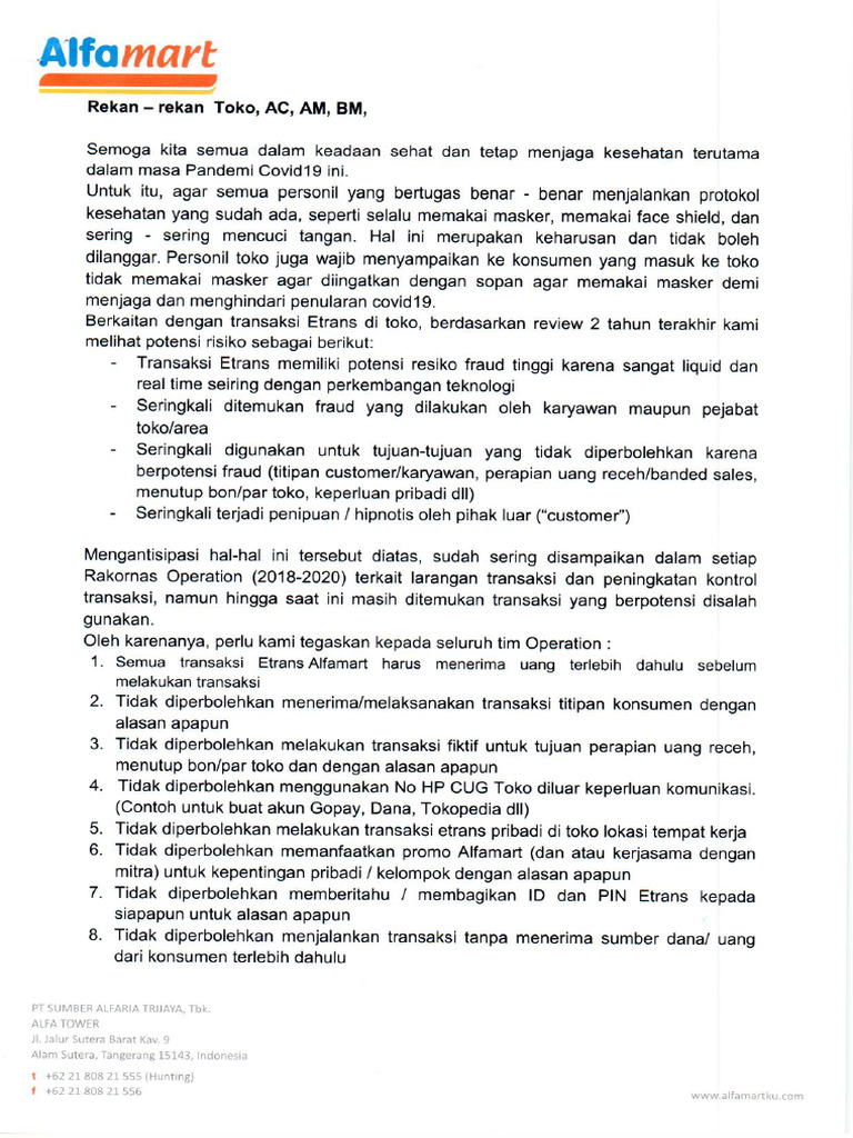 Memo Transaksi Karyawan Toko (Transaksi Etrans) | PDF