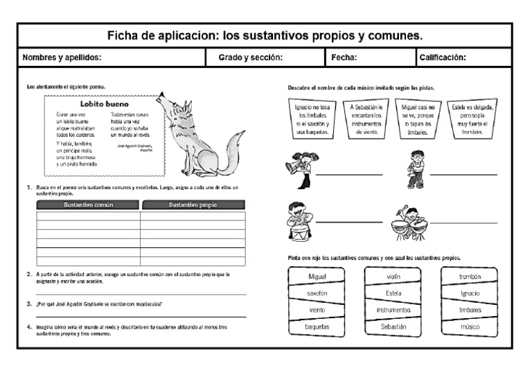 Ficha de Aplicación Sustantivos Propios y Comunes | PDF