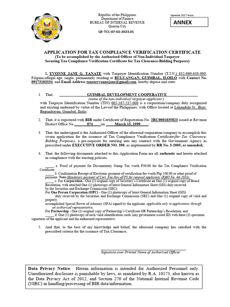 Application For Tax Compliance Verification Certificate Non-Individual ...