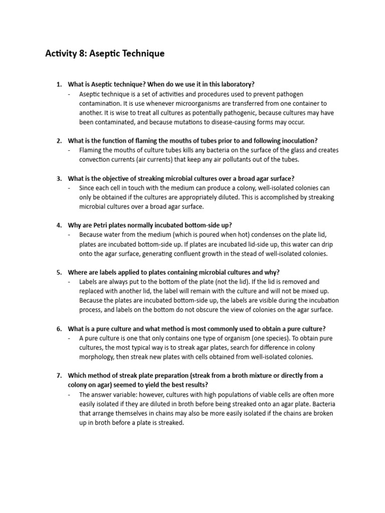 Microbiology And Parasitology Activity 8 Aseptic Technique Pdf