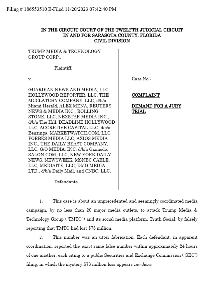 TMTG Sues Media for Defamation Over $73M Claim | PDF | Defamation ...