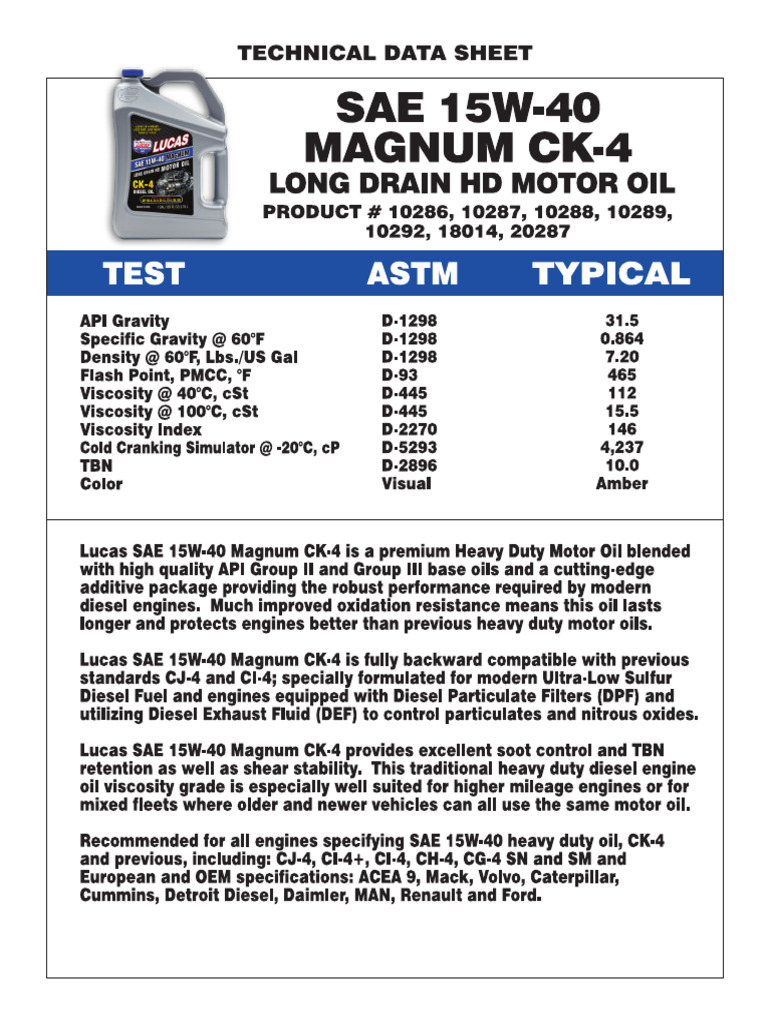 TDS - SAE 15W 40 Magnum CK 4 Diesel Oil | PDF