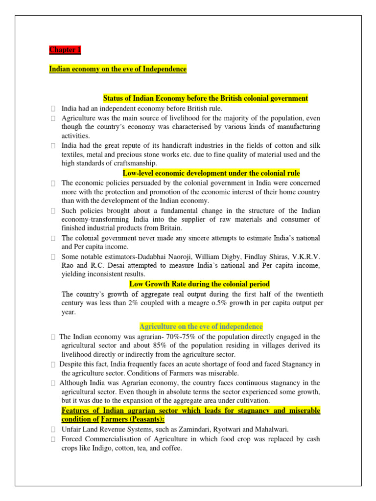 Ch1 - Indian Eco On Eve - Reading Material | PDF | British Raj | Economy Of India