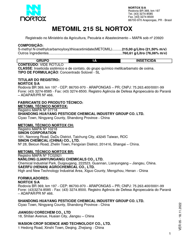 Metomil 215 Slnortox | PDF | Agricultura | Inseticida