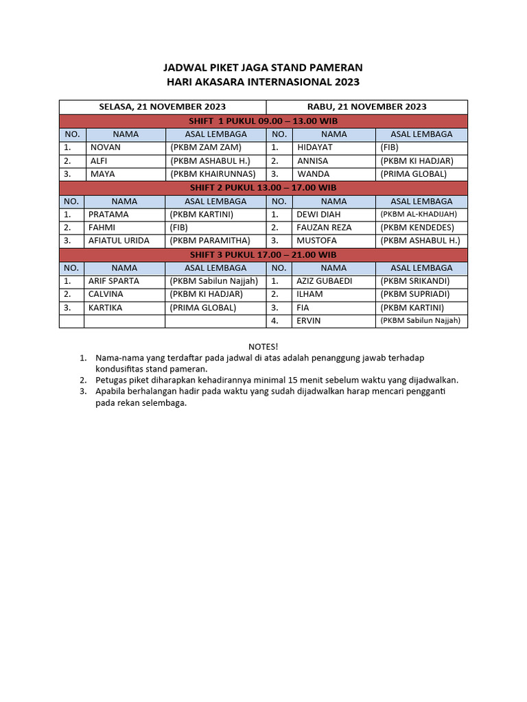Jadwal Piket Jaga Stand Pameran | PDF