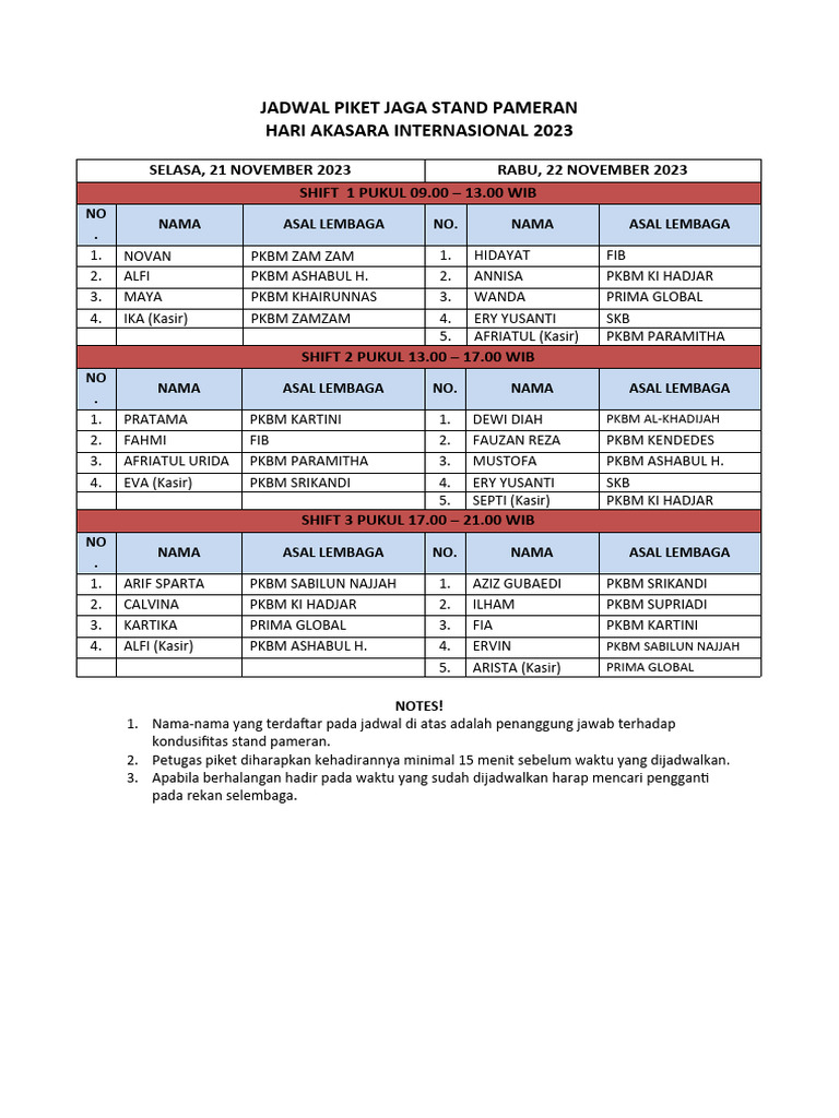 Jadwal Piket Jaga Stand Pameran Rev | PDF