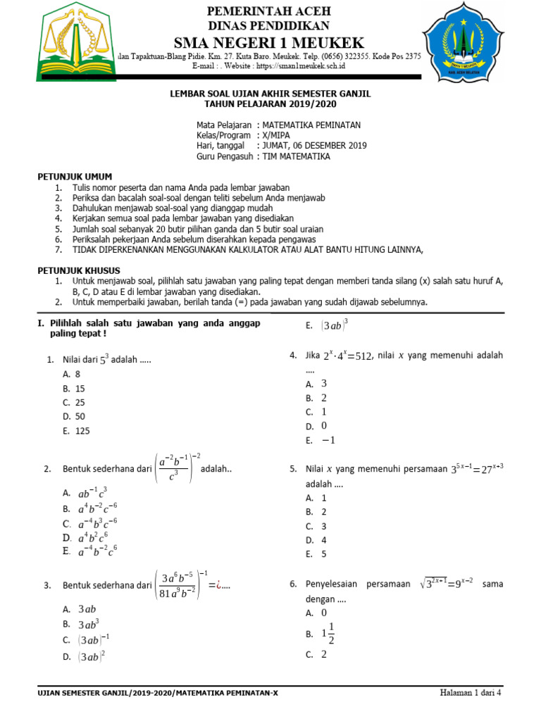 Soal Matematika Peminatan Kelas X | PDF | Metode & Bahan Ajar