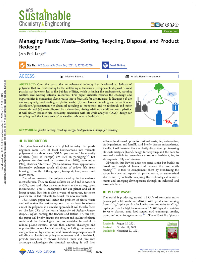 Lange 2021 Managing Plastic Waste Sorting Recycling Disposal and ...