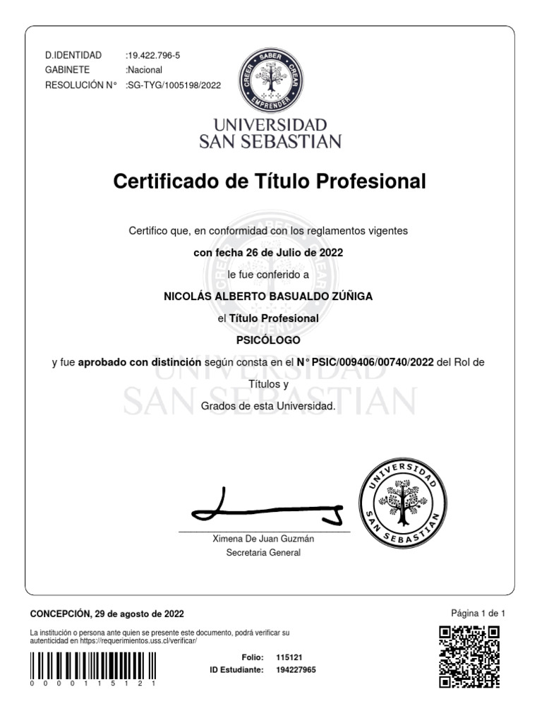 Certificado Titulo Profesional Psicologo | PDF