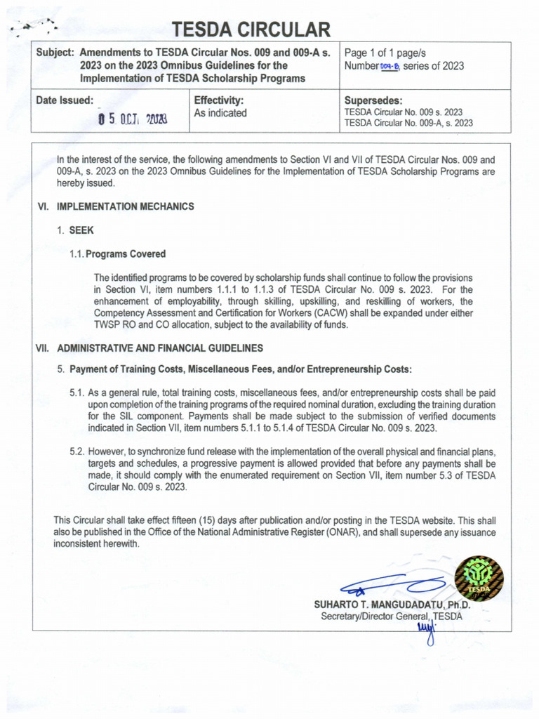 TESDA Circular No. 009-B-2023 | PDF | Government | Economies