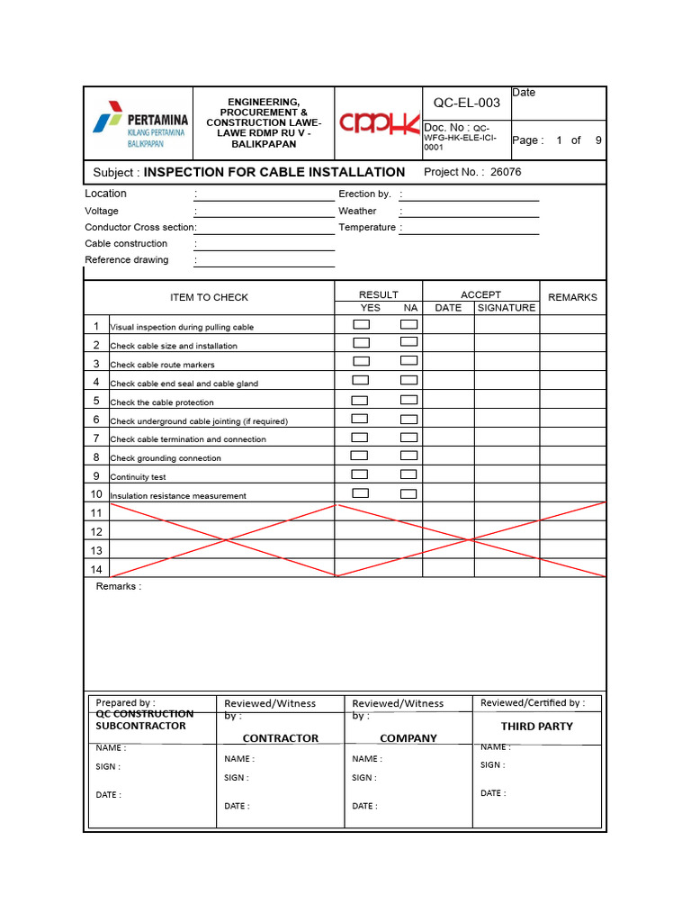 QC-EL-003 Inspection For Cable Instalation | PDF | Technology & Engineering