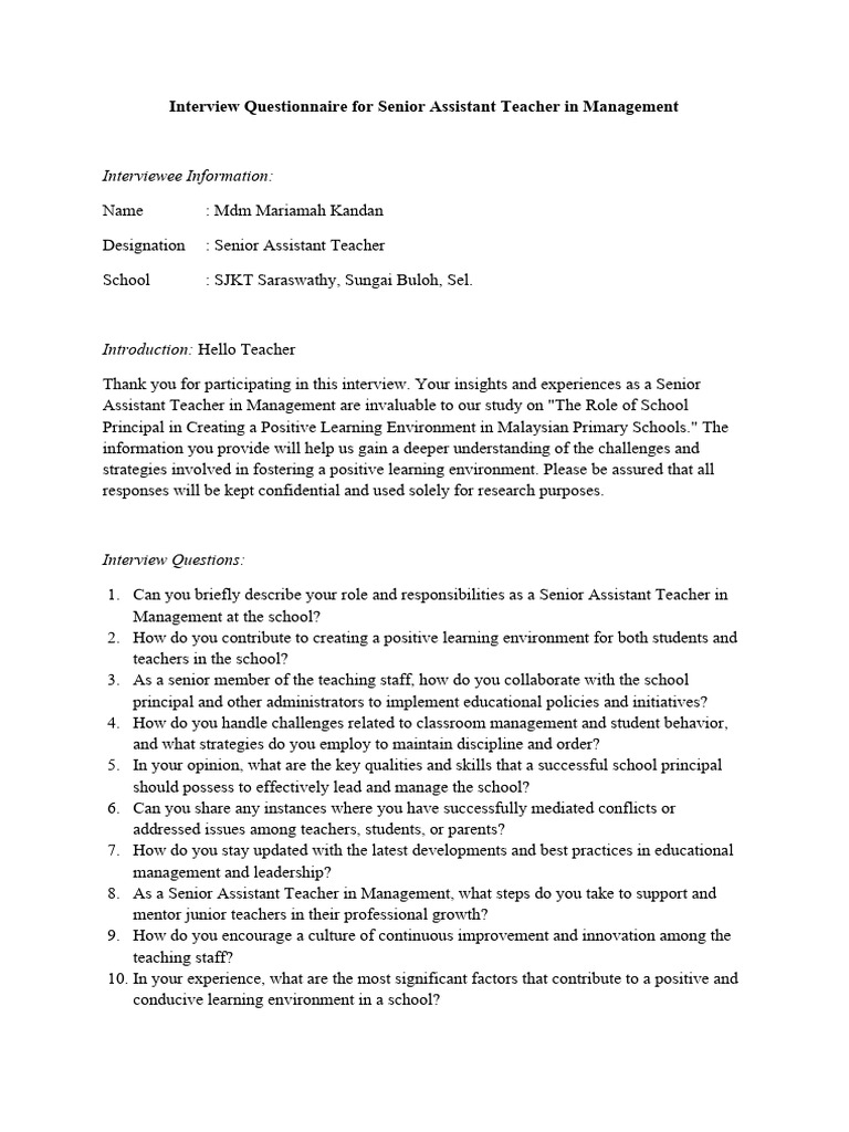 Interview Questionnaire For Senior Assistant Teacher in Management ...