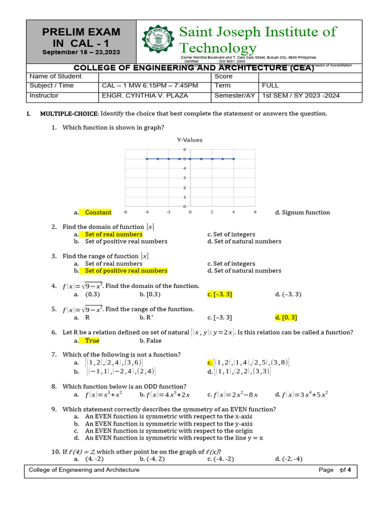 Cal - 1 Prelim Examination - MW 2023-2024 | PDF | Function (Mathematics) | Mathematical Concepts