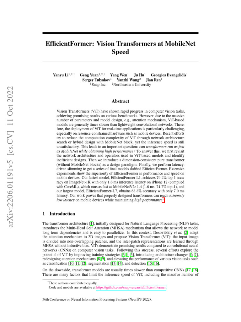 Li Et Al. - 2022 - EfficientFormer Vision Transformers at MobileNet Speed | PDF | Computing ...