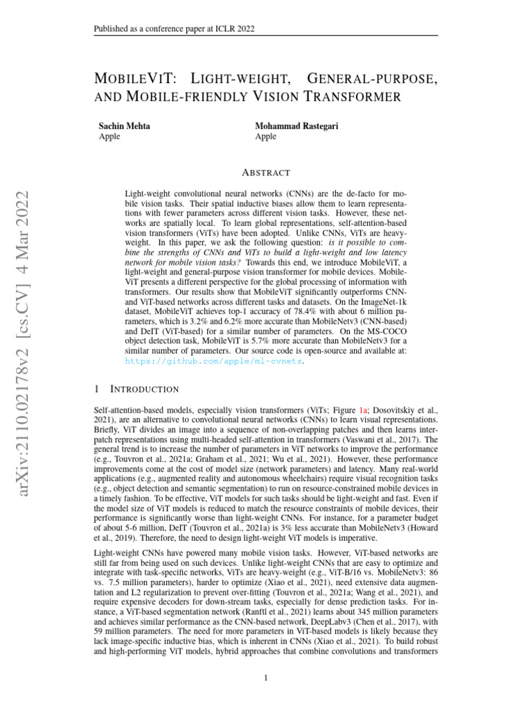 Mehta, Rastegari - 2022 - Mobilevit Light-Weight, General-Purpose, and ...