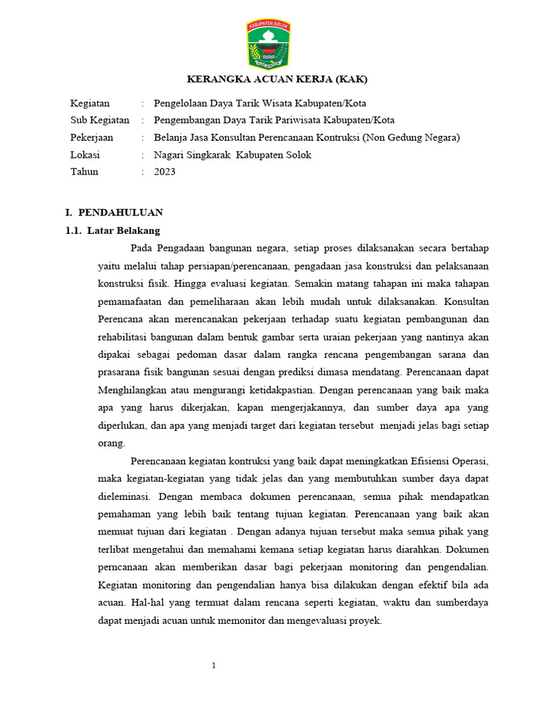 KAK Perencanaan Singkarak - DeD Dan RAB 2023 | PDF