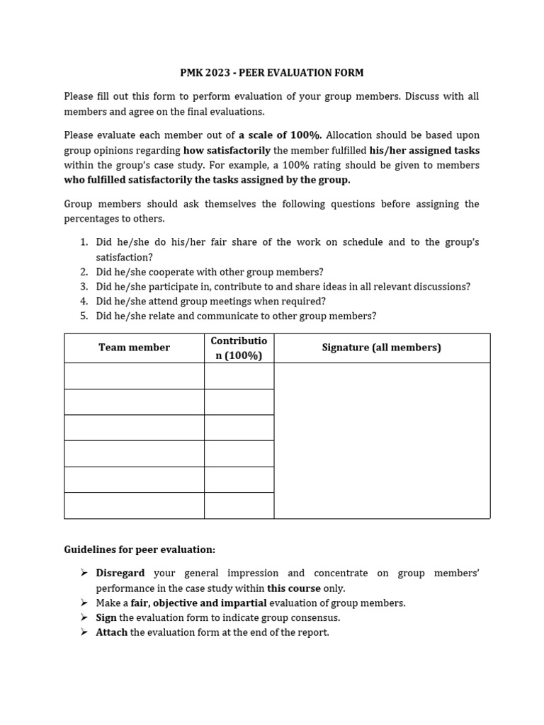Peer Evaluation Form | PDF | Self-Improvement