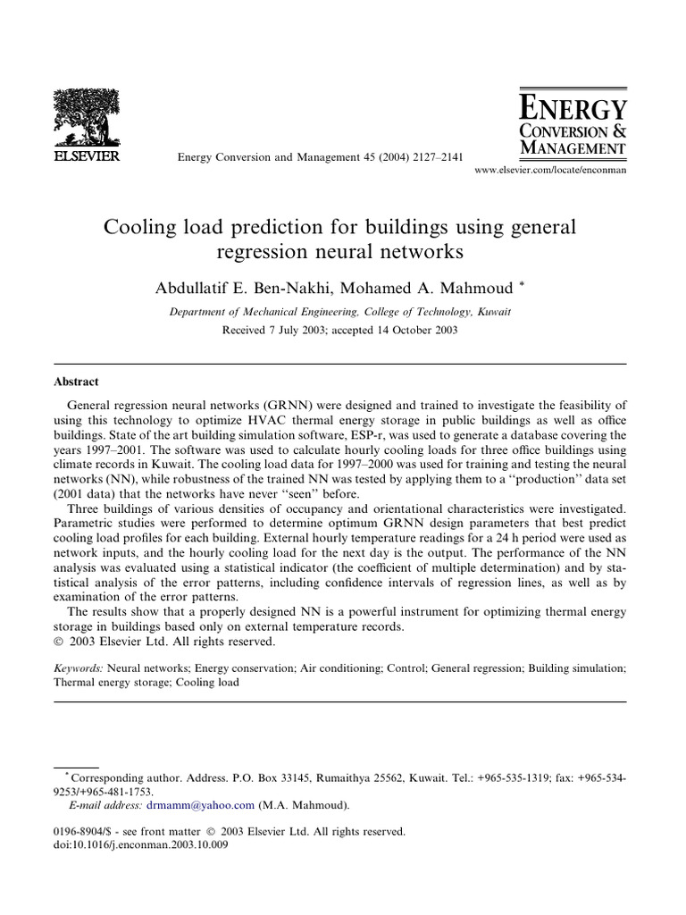 Cooling Load Prediction For Buildings Using General | PDF | Artificial Neural Network | Heat ...