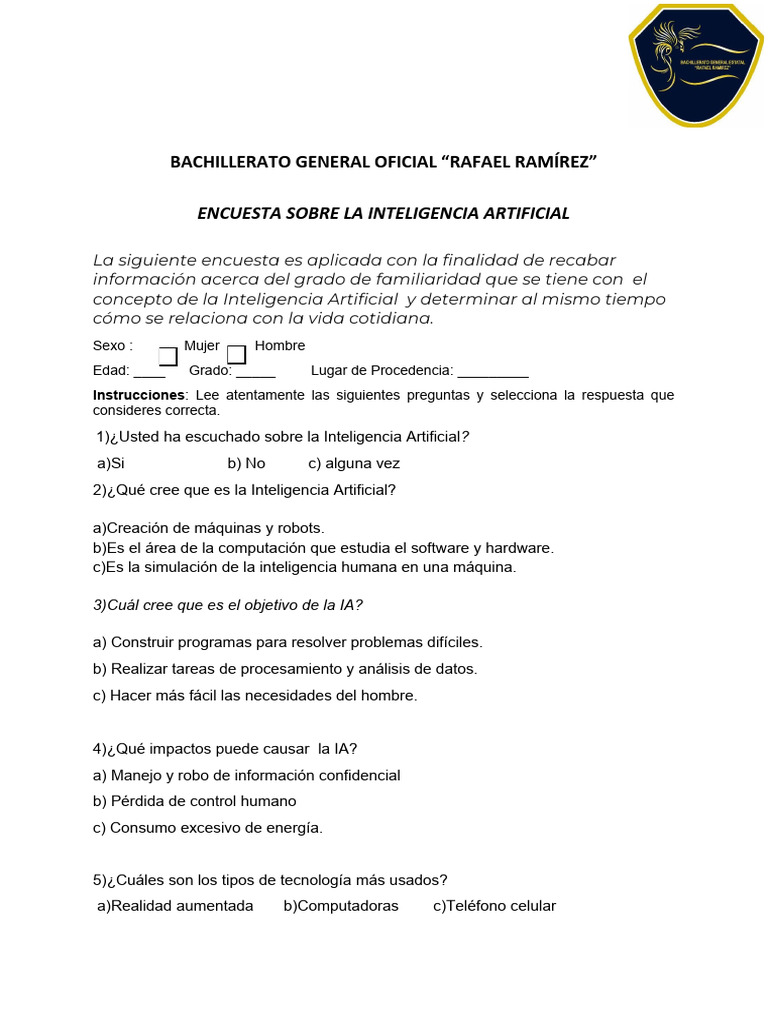 Encuesta sobre Inteligencia Artificial en Bachillerato | PDF