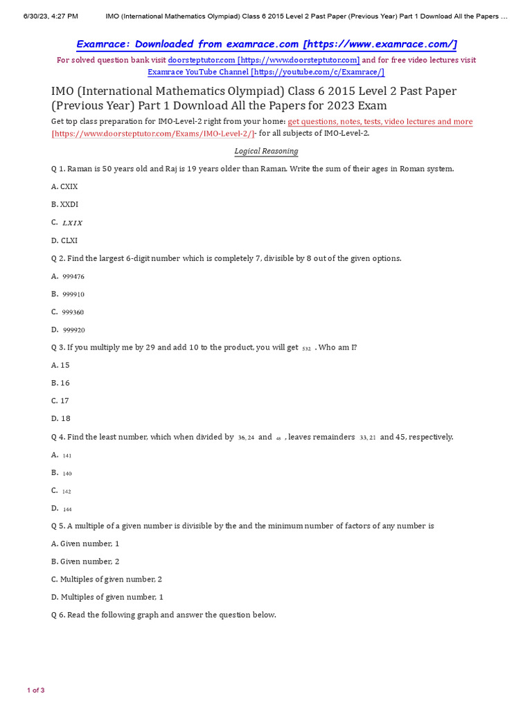 IMO Level 2 Class 6 Paper 2015 Part 1 | PDF | Mathematics